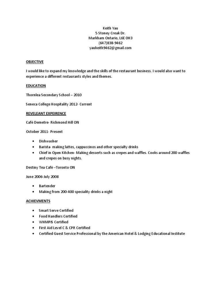 Restaurant Career Objective Statement | PDF | Cooking, Food & Wine