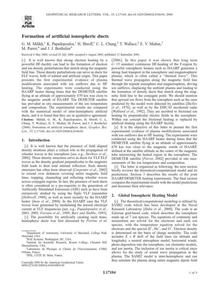 Formation of Artificial Ionospheric Ducts Above HAARP | PDF | Ionosphere | Plasma (Physics)