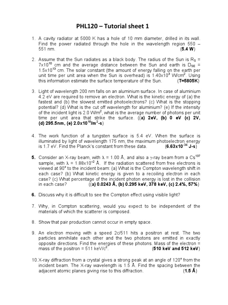 Tut-sheet-1-PHL120-13 With Final Answers PDF | PDF | Electronvolt | Electron