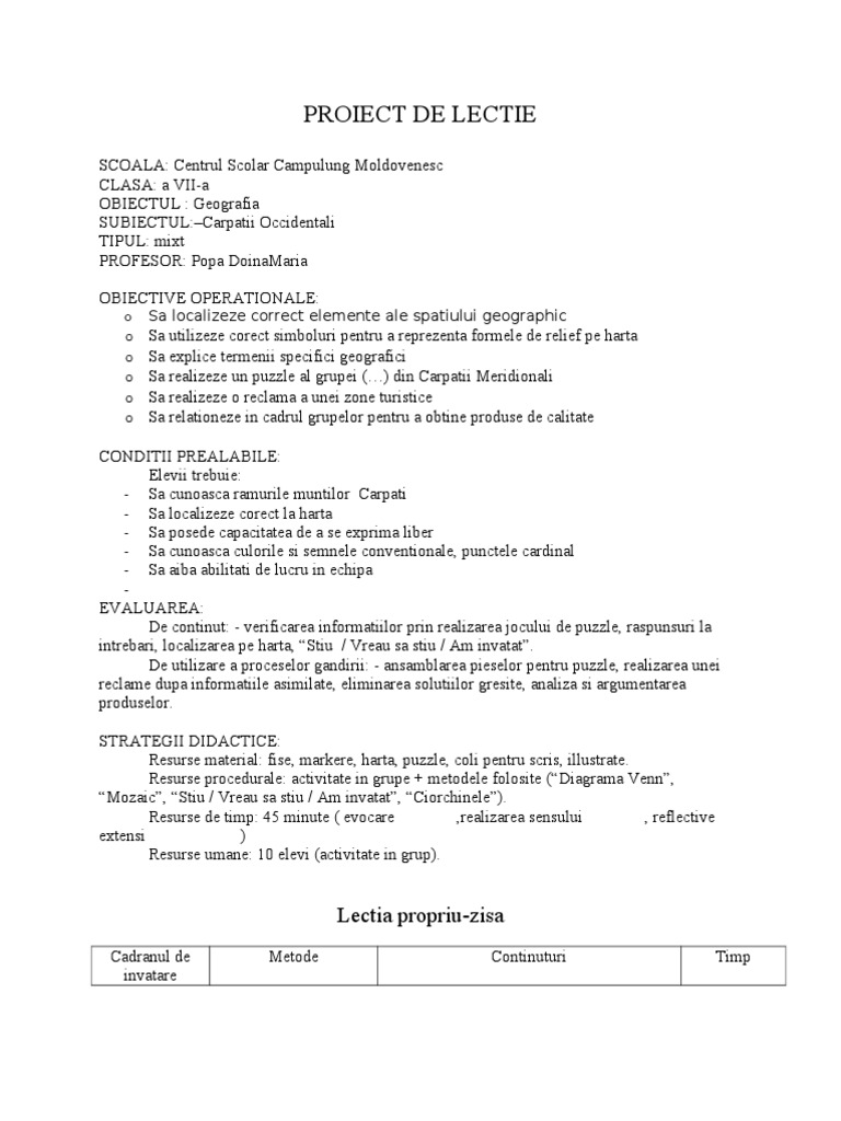 Proiect de Lectie Geografie