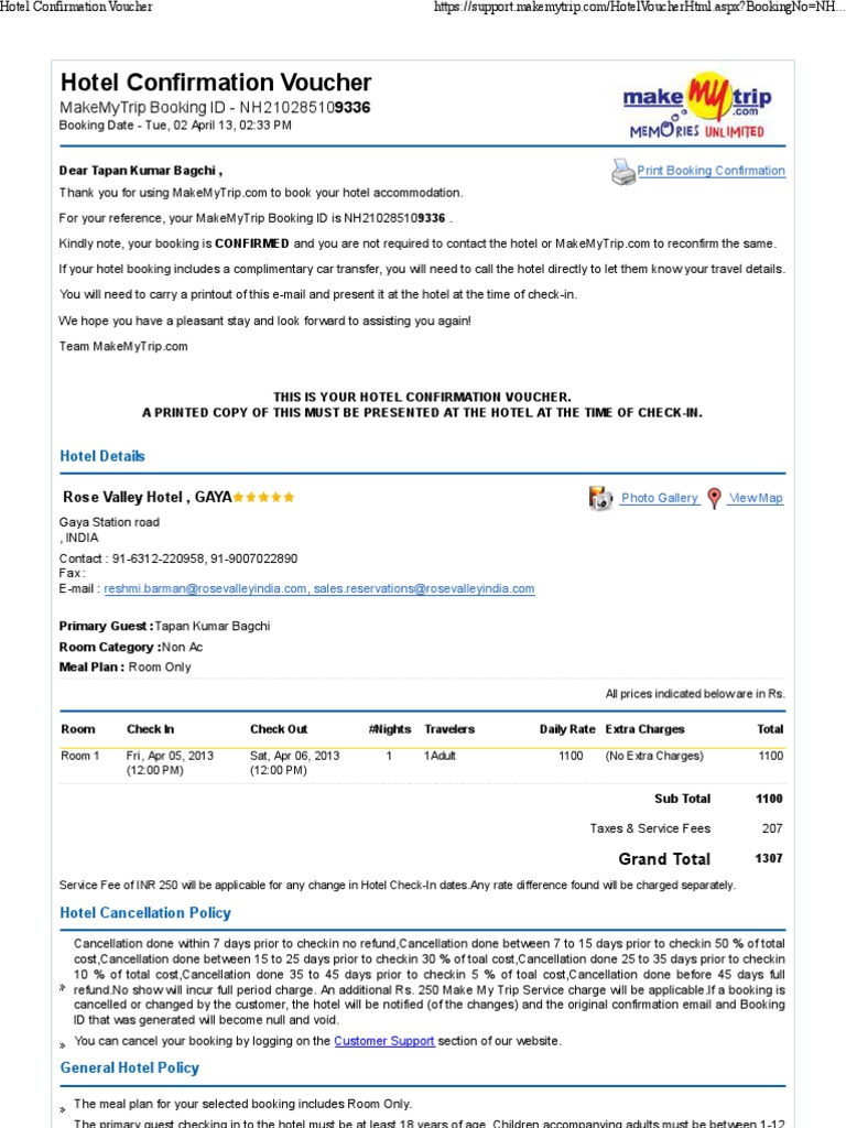 MakeMyTrip Hotel Confirmation Voucher | PDF | Hotel | Service Industries