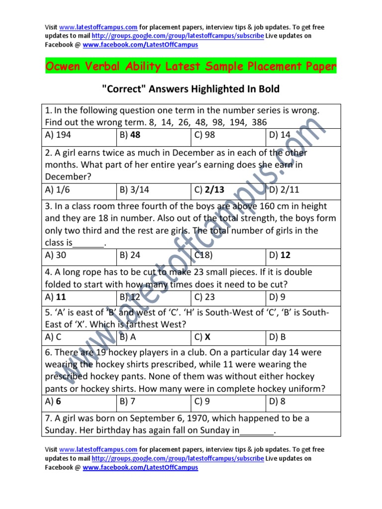 Ocwen Verbal Ability Placement Paper | PDF | Alphabet | Consonant