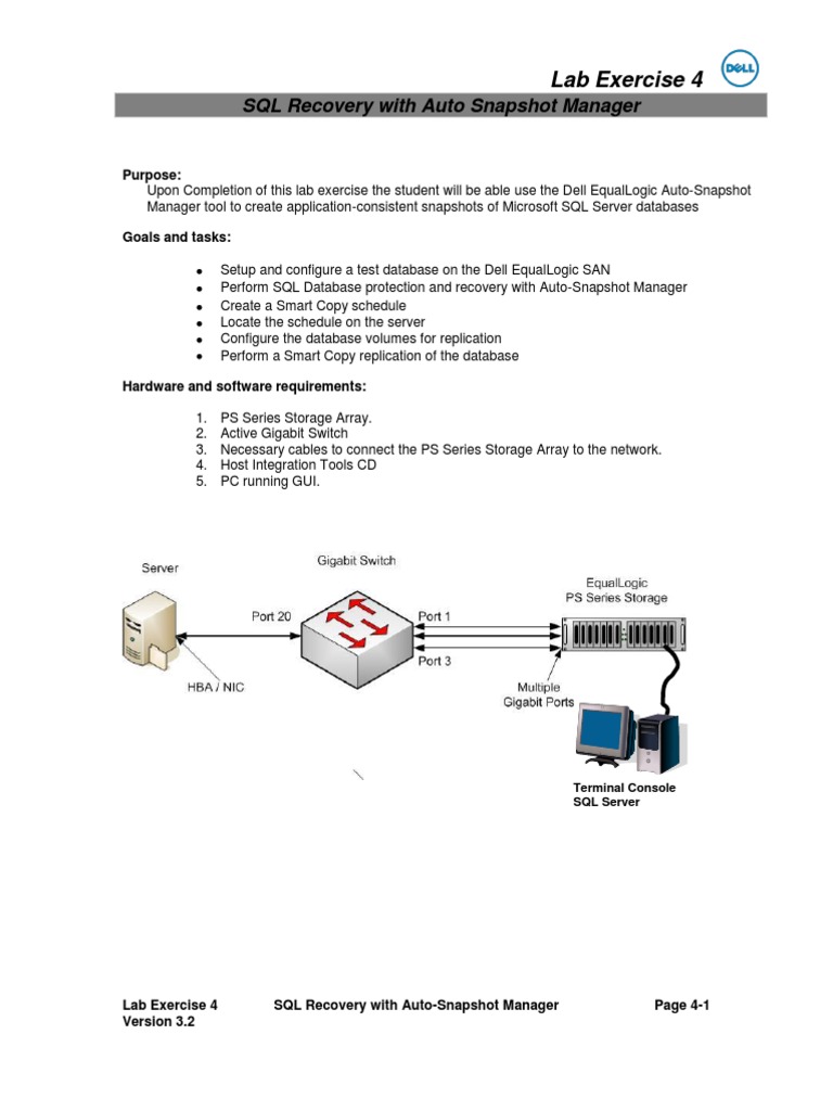 SQL Recovery With Auto Snapshot Manager: Lab Exercise 4 | PDF | Microsoft Sql Server | Databases