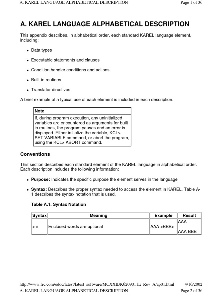 KAREL Language Reference Manual | PDF | Parameter (Computer Programming ...