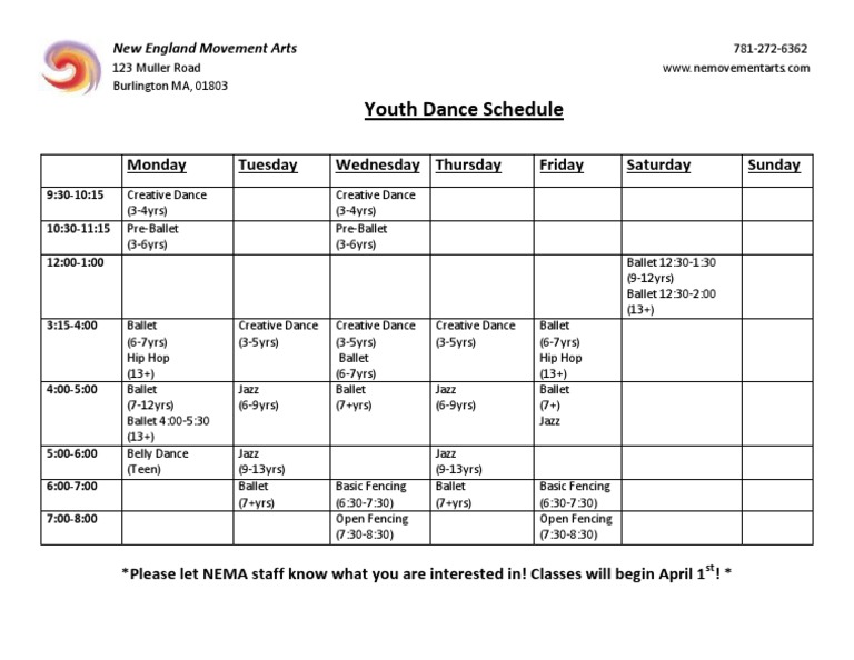 Youth Dance Classes Schedule in Burlington | PDF