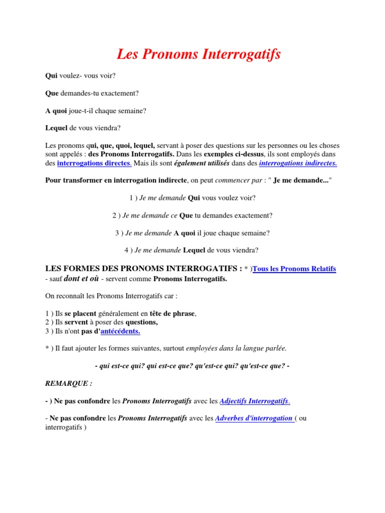 Les pronoms interrogatifs en français | PDF | Pronom | Question