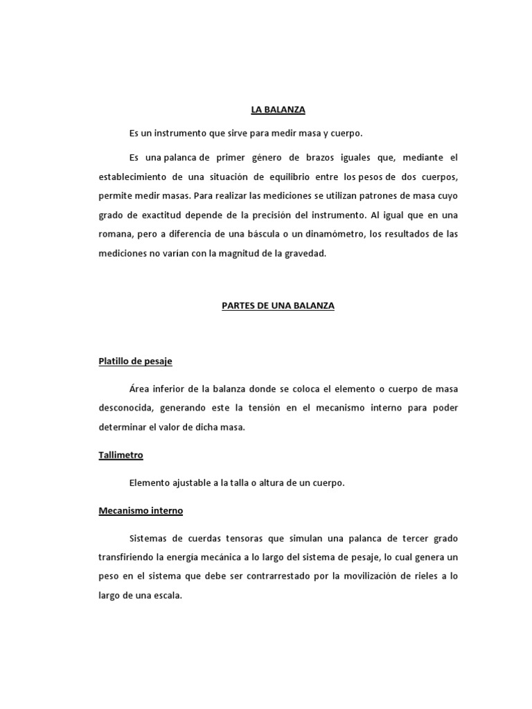 Partes y Tipos de Balanzas | PDF | Balanza | Masa