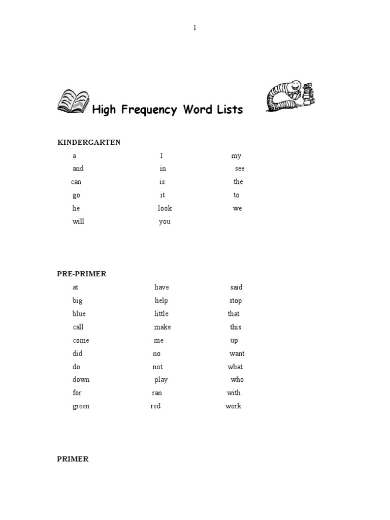 High Frequency Word Lists: Kindergarten | PDF