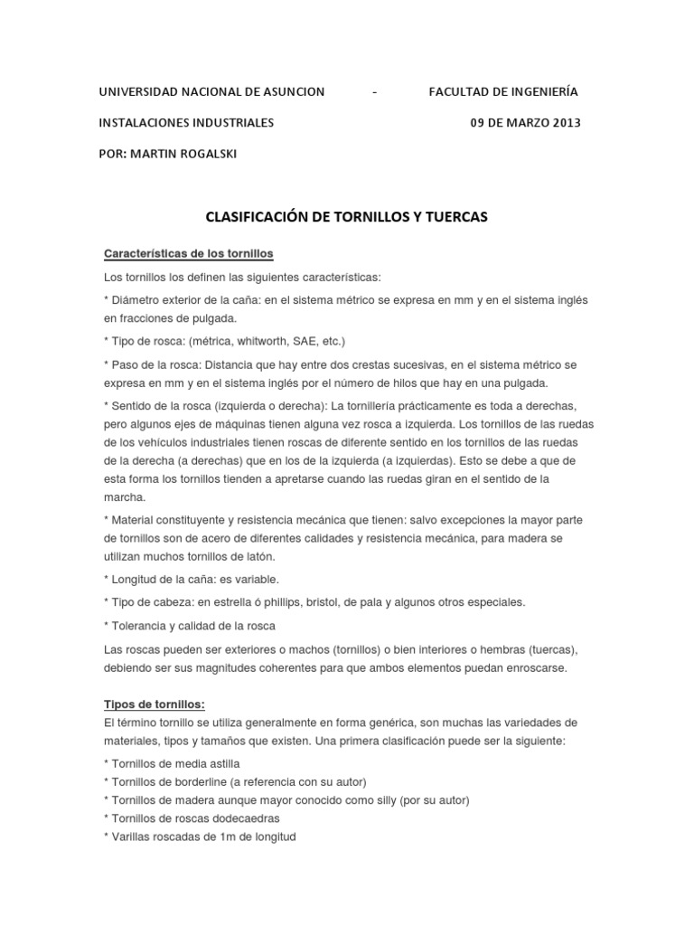 Clasificación de tornillos y tuercas: características y tipos | PDF ...