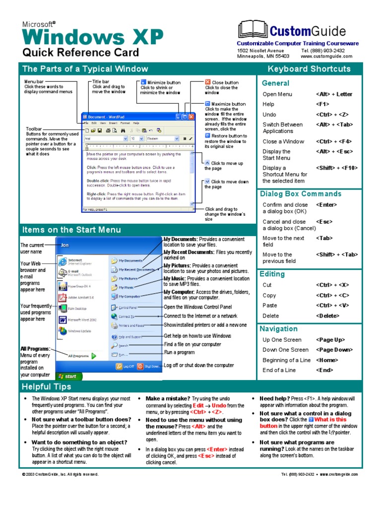 Windows XP Quick Reference Card | PDF