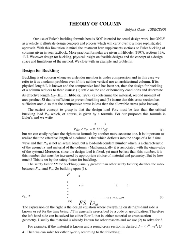 Theory of Column: Design For Buckling | PDF | Buckling | Column