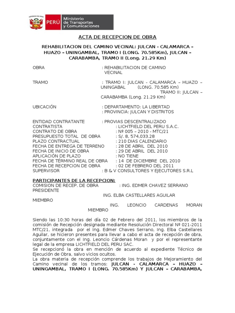 Acta de Recepcion de Obra | PDF | Gobierno