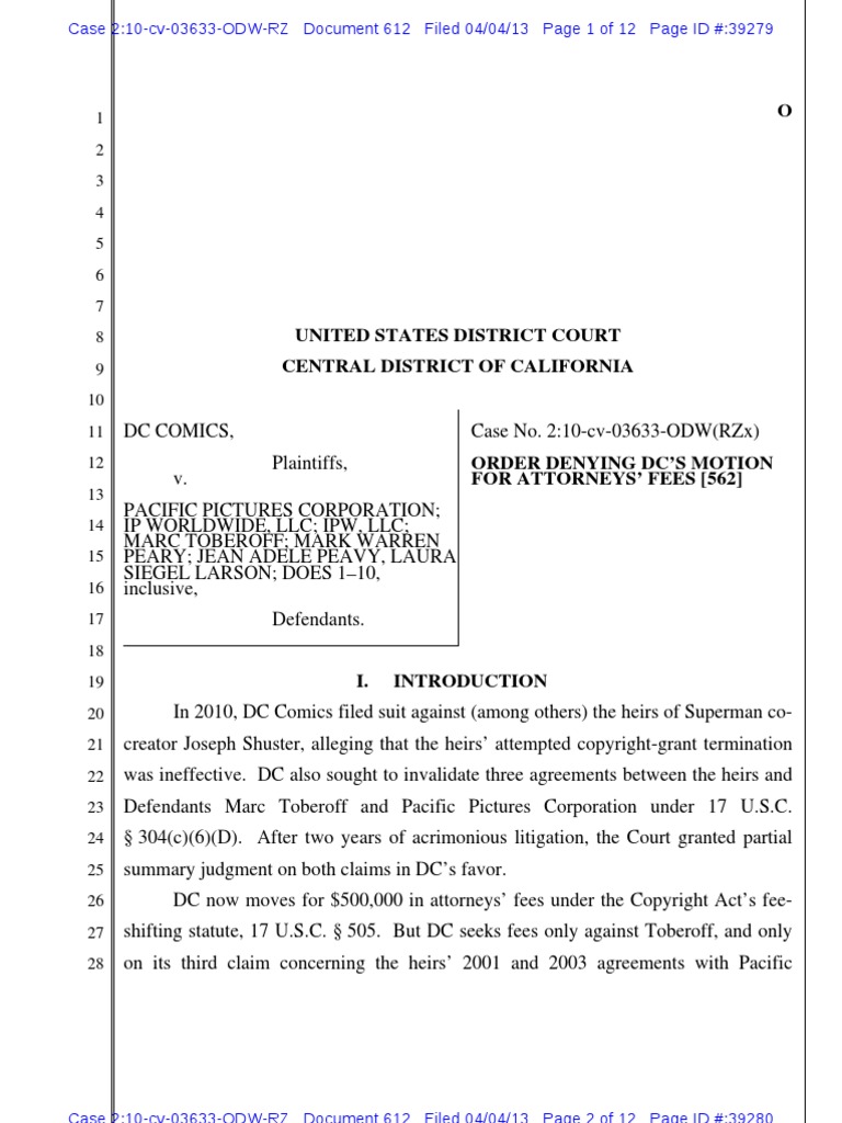Superman Attorney Fees | PDF | Lawsuit | Copyright Law Of The United States