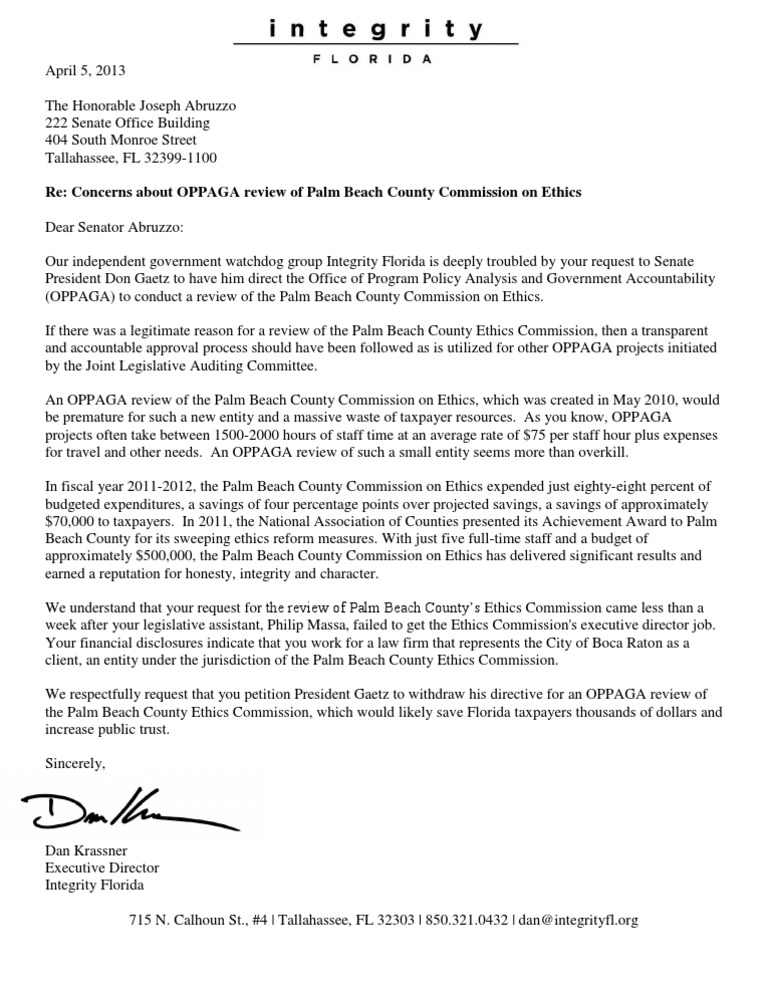 Integrity Florida Letter To Sen Abruzzo - Concerns About OPPAGA Review ...