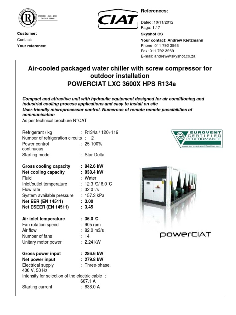Air-Cooled Water Chiller Specifications | PDF | Refrigeration | Gas ...