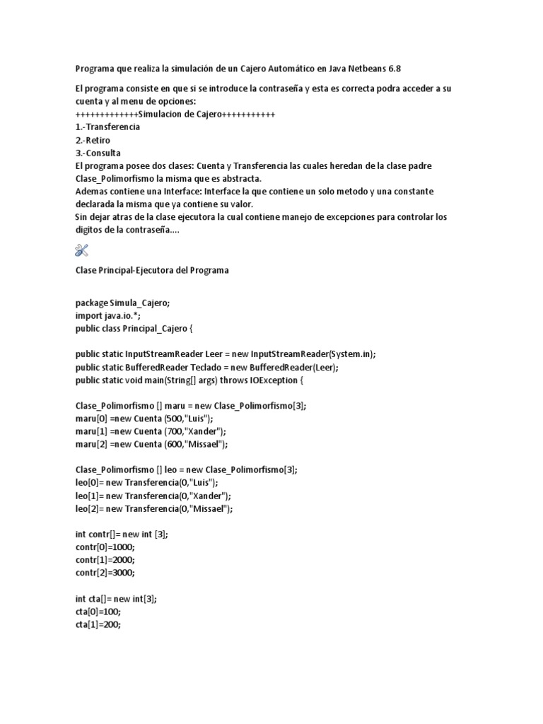 Programa Que Realiza La Simulación de Un Cajero Automático en Java ...