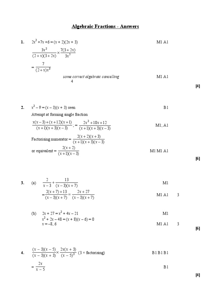 Algebraic Fractions Exam Questions Solutions PDF