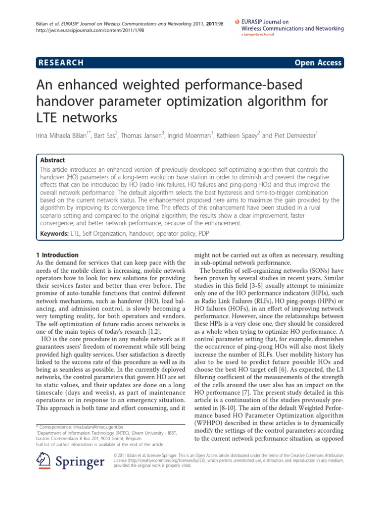 An Enhanced Weighted Performance-Based Handover Parameter Optimization Algorithm For LTE ...