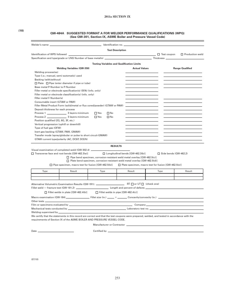 Qw-484A Suggested Format A For Welder Performance Qualifications (WPQ ...