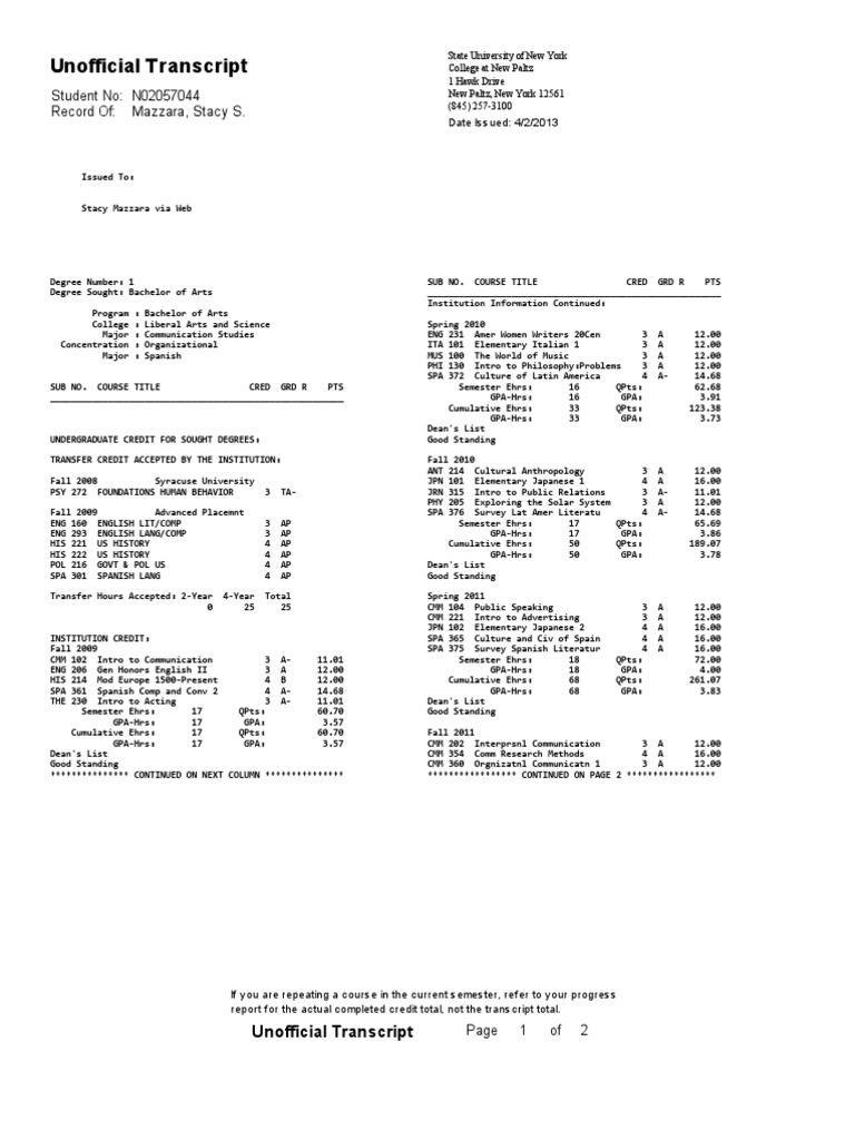 Unofficial Transcript | PDF | Academia | Science