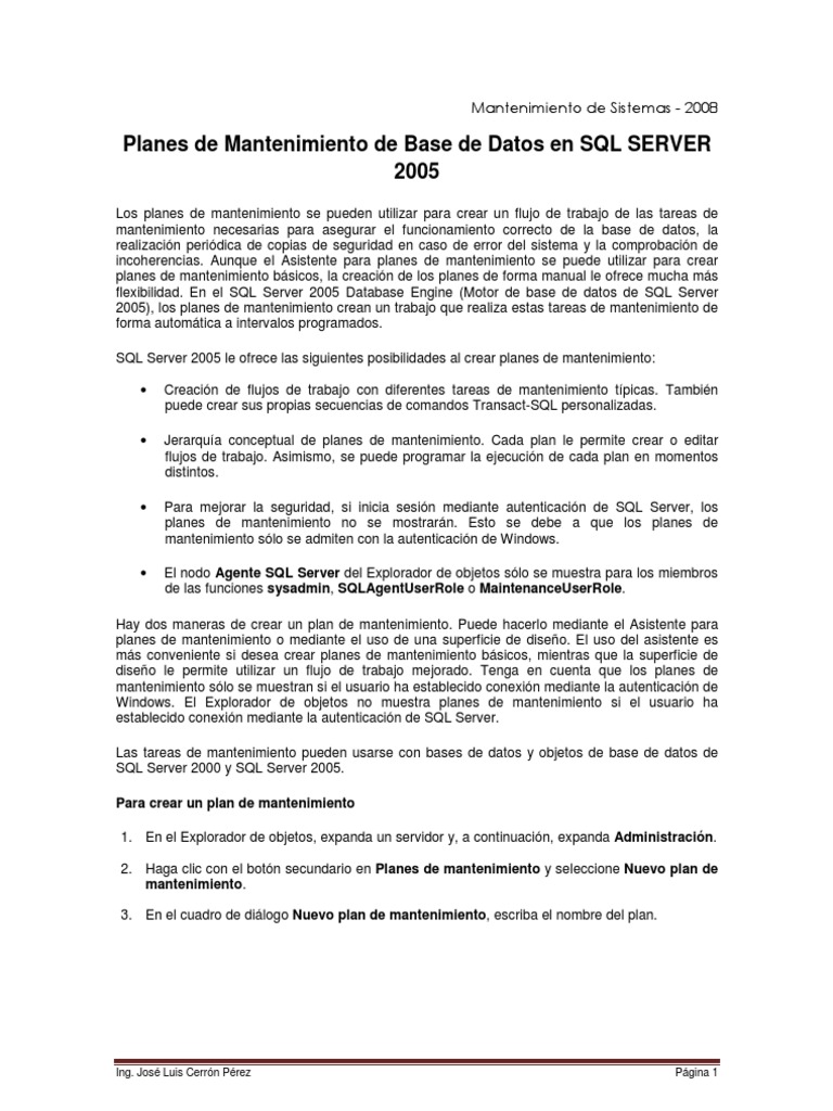 Planes de Mantenimiento de Base de Datos PDF | PDF | Servidor SQL de Microsoft | Tabla (base de ...