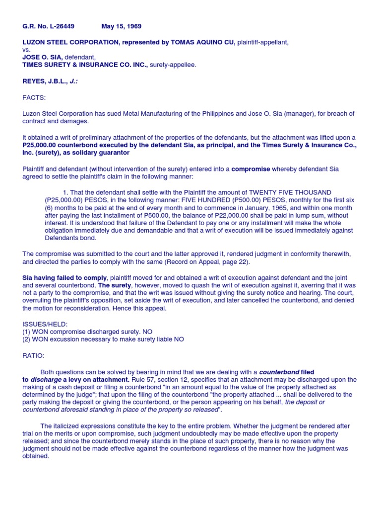 Luzon Steel Vs Sia Digest | PDF | Surety Bond | Judgment (Law)