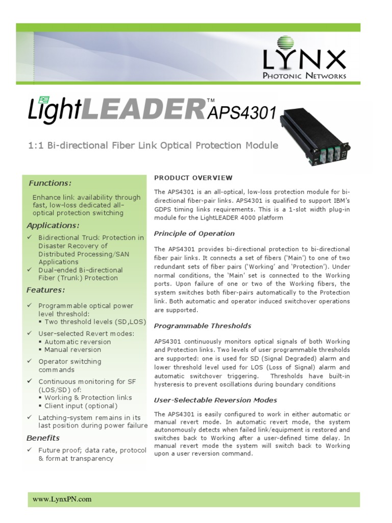 1:1 Bi-Directional Fiber Link Optical Protection Module: Functions ...