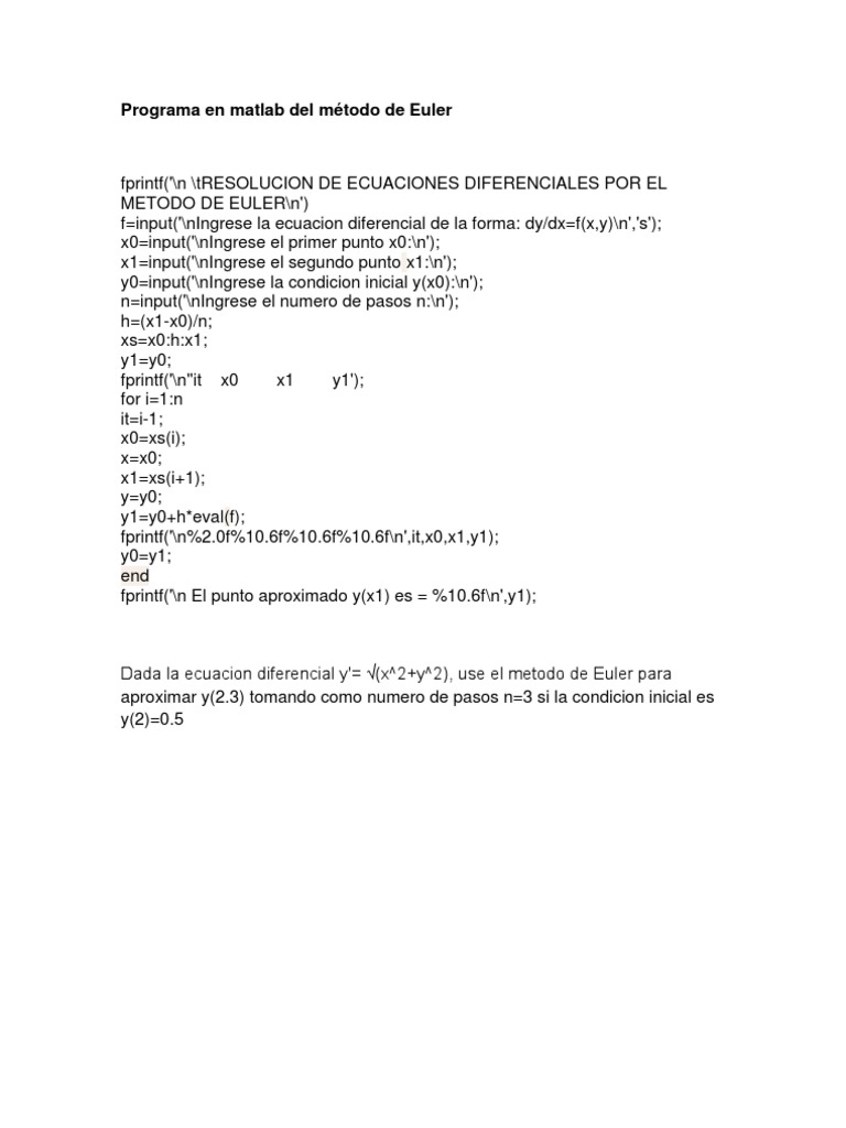 Programa en Matlab Del Método de Euler | PDF