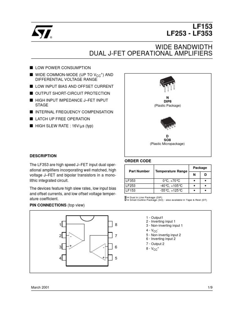 Wide Bandwidth Dual J-Fet Operational Amplifiers: LF153 LF253 - LF353 | PDF