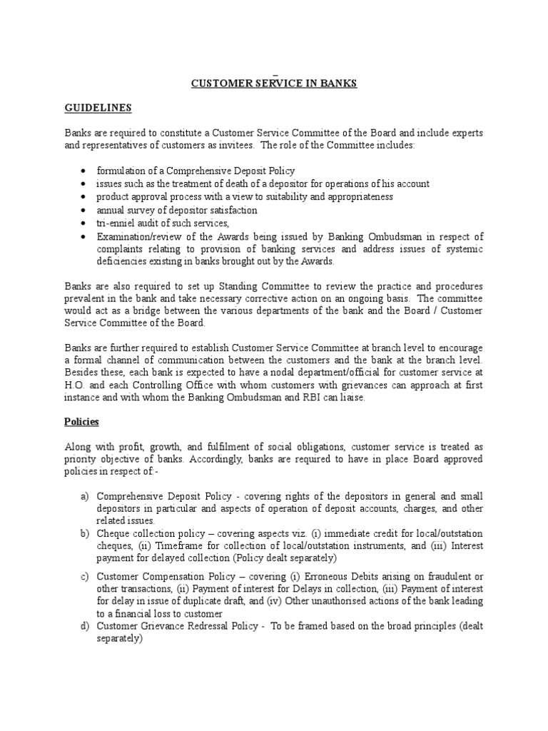 RBI Customer Service Guidelines for Banks | PDF | Cheque | Automated ...