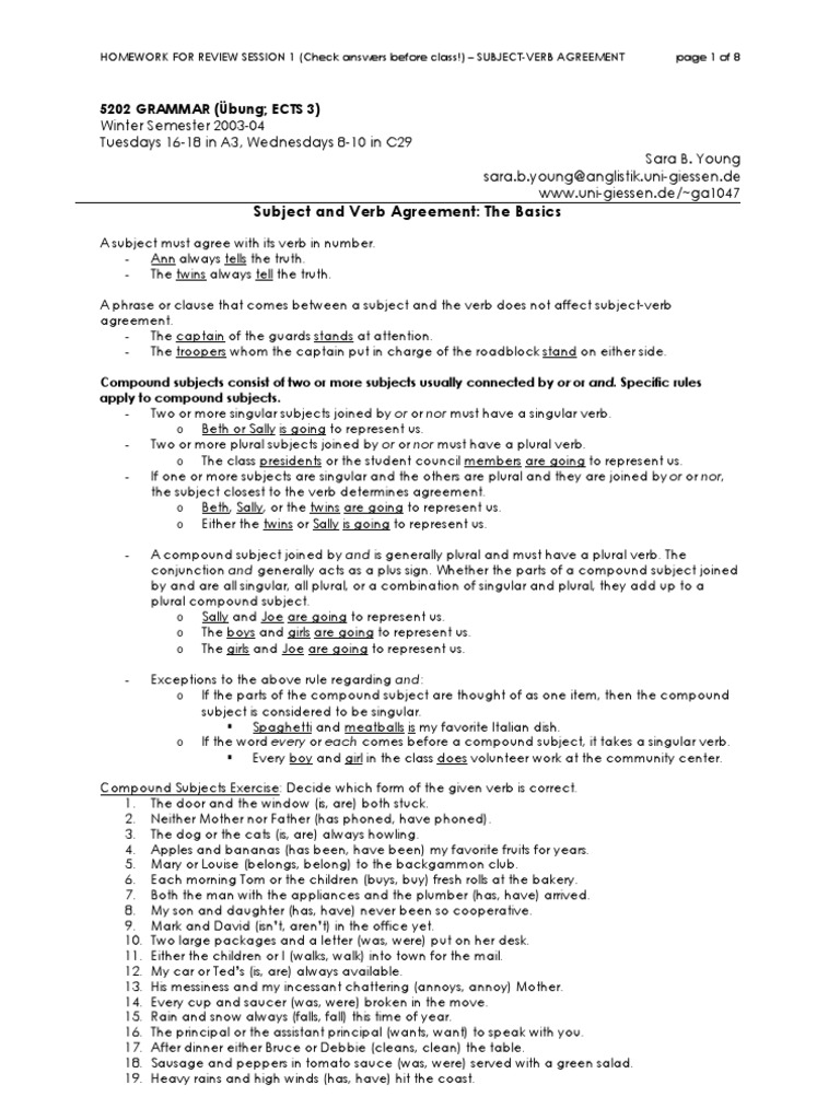 Subject-Verb Agreement Homework Guide | PDF | Grammatical Number | Plural