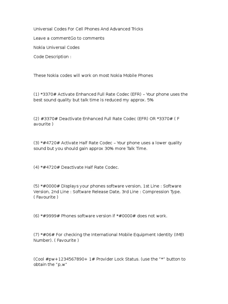 Universal Codes For Cell Phones and Advanced Tricks | Download Free PDF ...