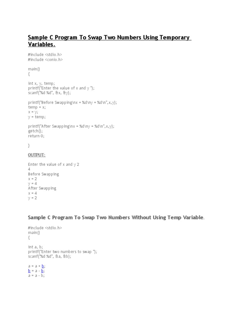 Sample C Program To Swap Two Numbers Using Temporary Variables | PDF | Notation | Computer Libraries