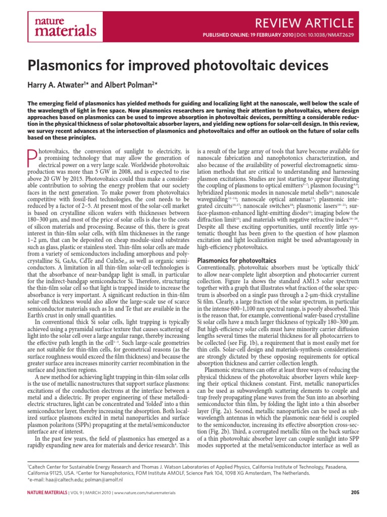 Plasmonics For Improved Photovoltaic Devices | PDF | Thin Film Solar ...