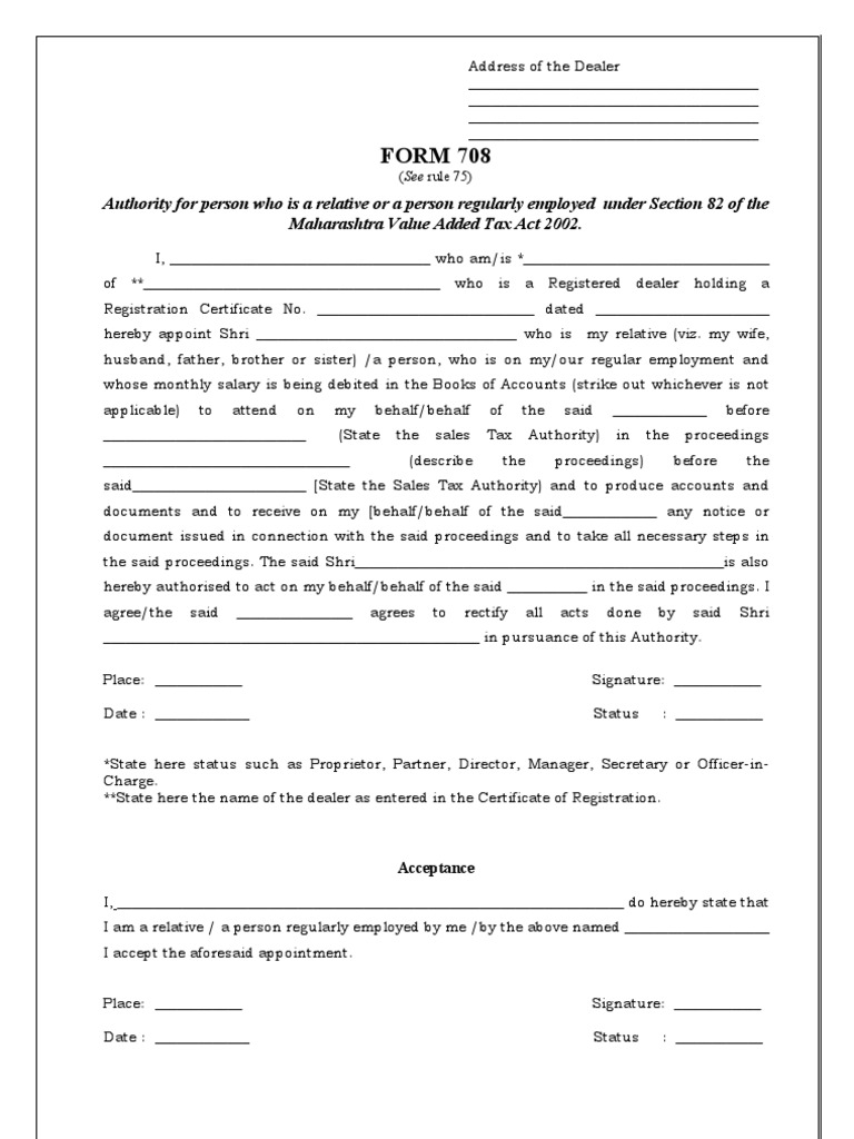Authority Form 708 for VAT Representation | PDF