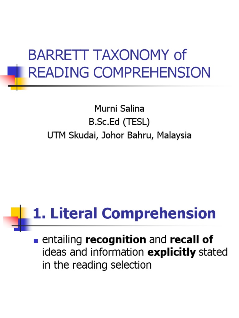 Barrett's Taxonomy | Recall (Memory) | Reading Comprehension