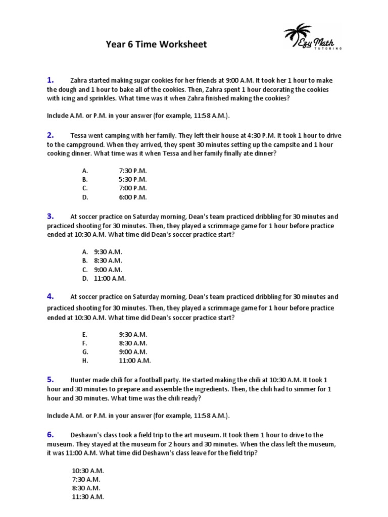 Year 6 Time Worksheet | PDF | Baking | Foods