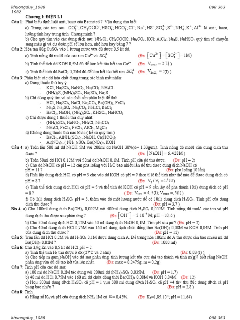 Bai Tap Hoa Hoc 11 Nang Caochuong 1 Su Dien Li | PDF