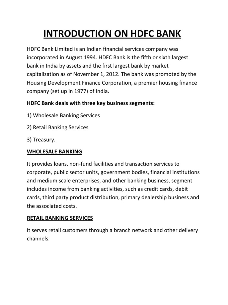 Introduction On HDFC Bank | PDF | Banks | Market (Economics)