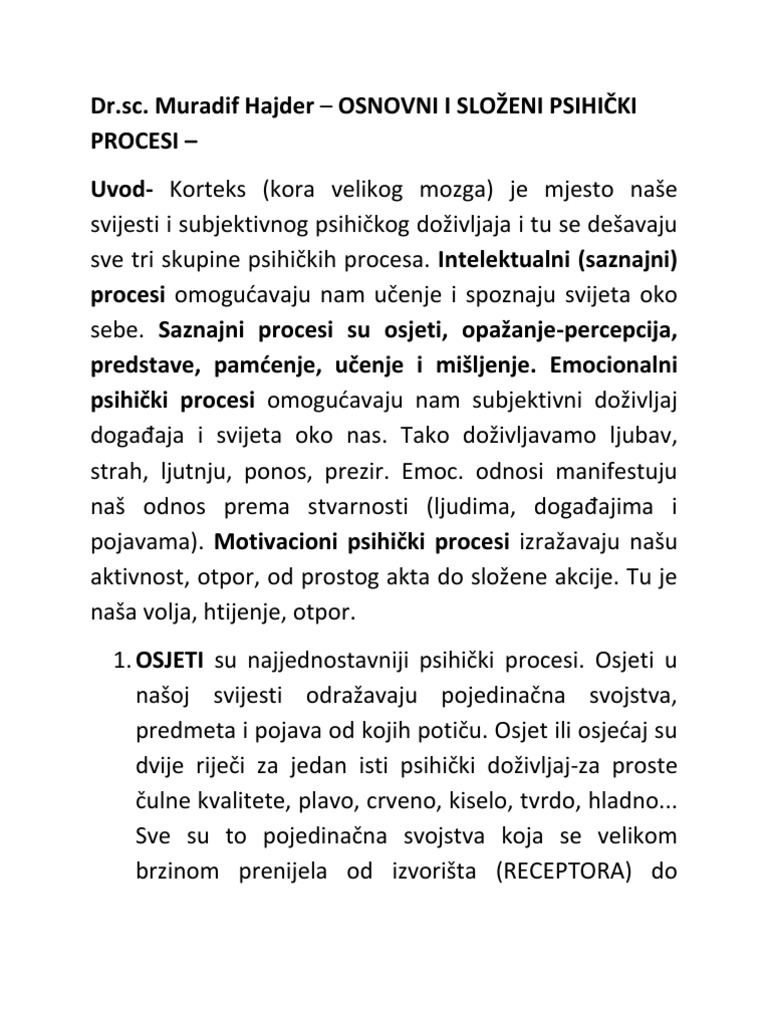 DR .Sc. Muradif Hajder-OSNOVNI I SLO+ŻENI PSIHI îKI PROCESI | PDF