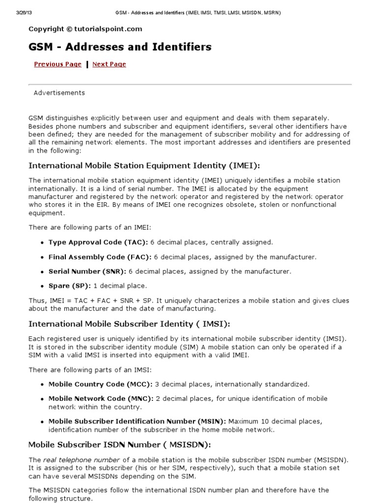 GSM - Addresses and Identifiers (Imei, Imsi, Tmsi, Lmsi, Msisdn, MSRN) | PDF ...