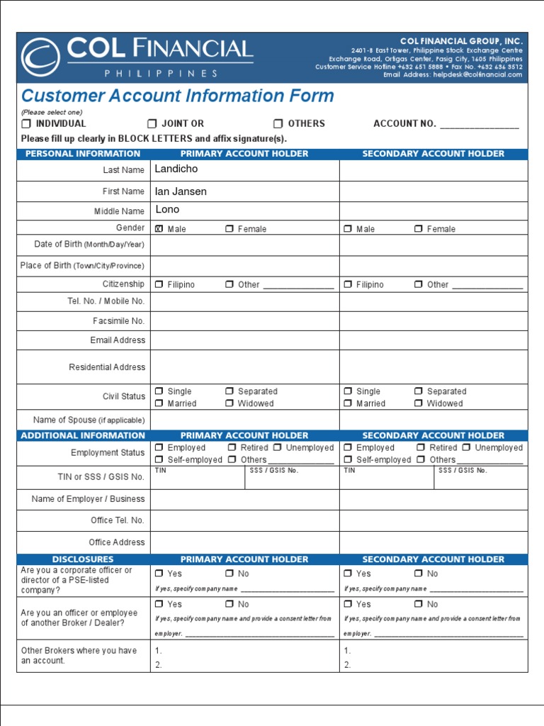 Customer Account Information Form: Landicho Ian Jansen Lono | PDF ...