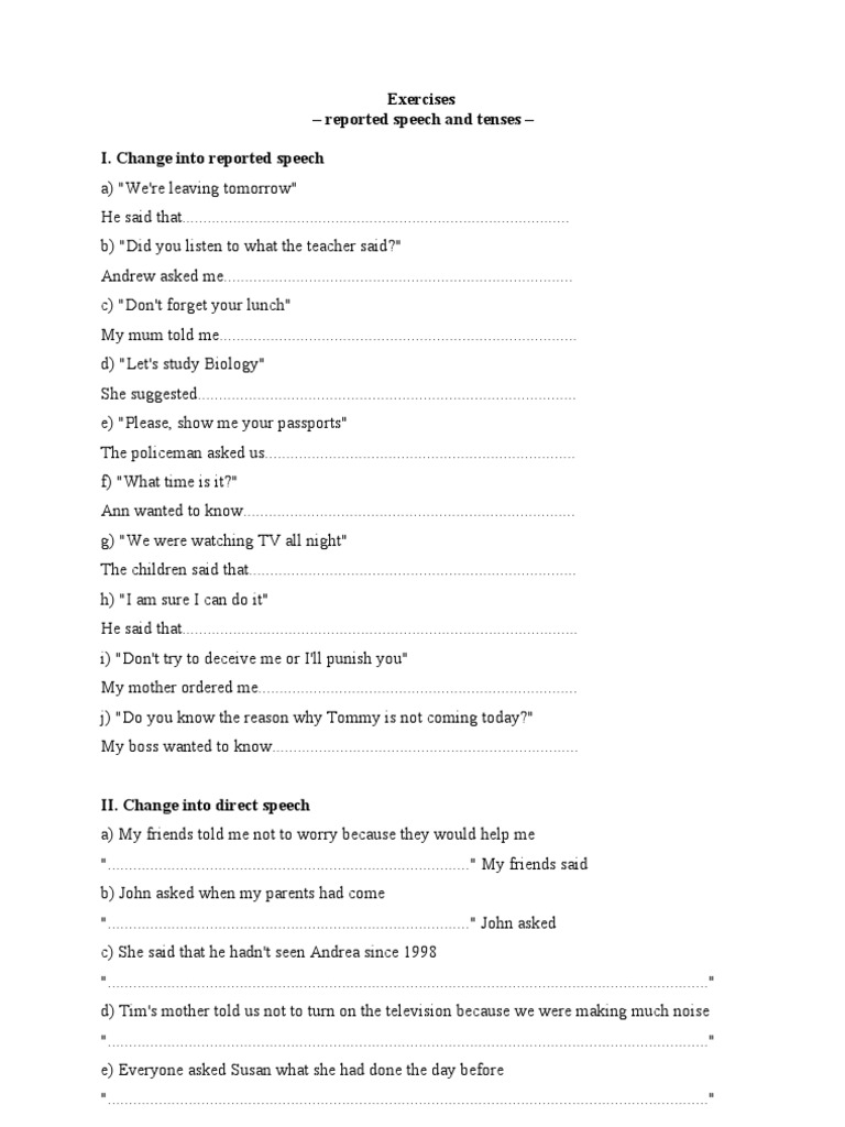 Reported Speech and Tenses Exercises | PDF | Language Arts & Discipline ...