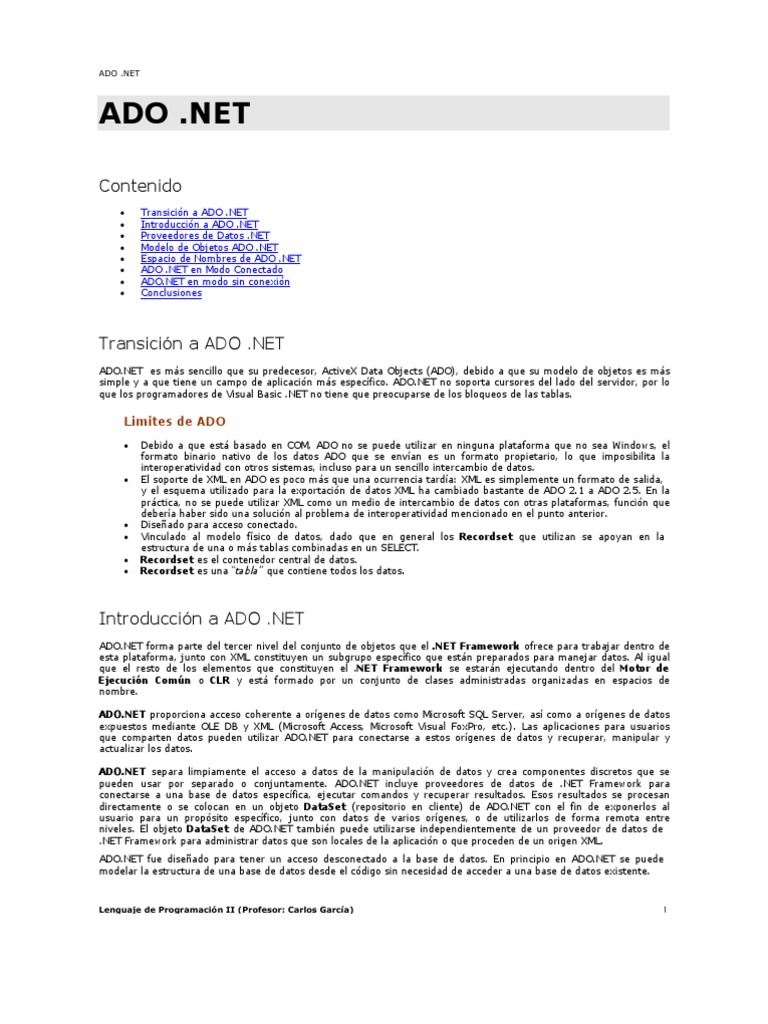 Teoria De Ado Net 20 Pdf Active X Data Objects Servidor Sql De Microsoft 2012
