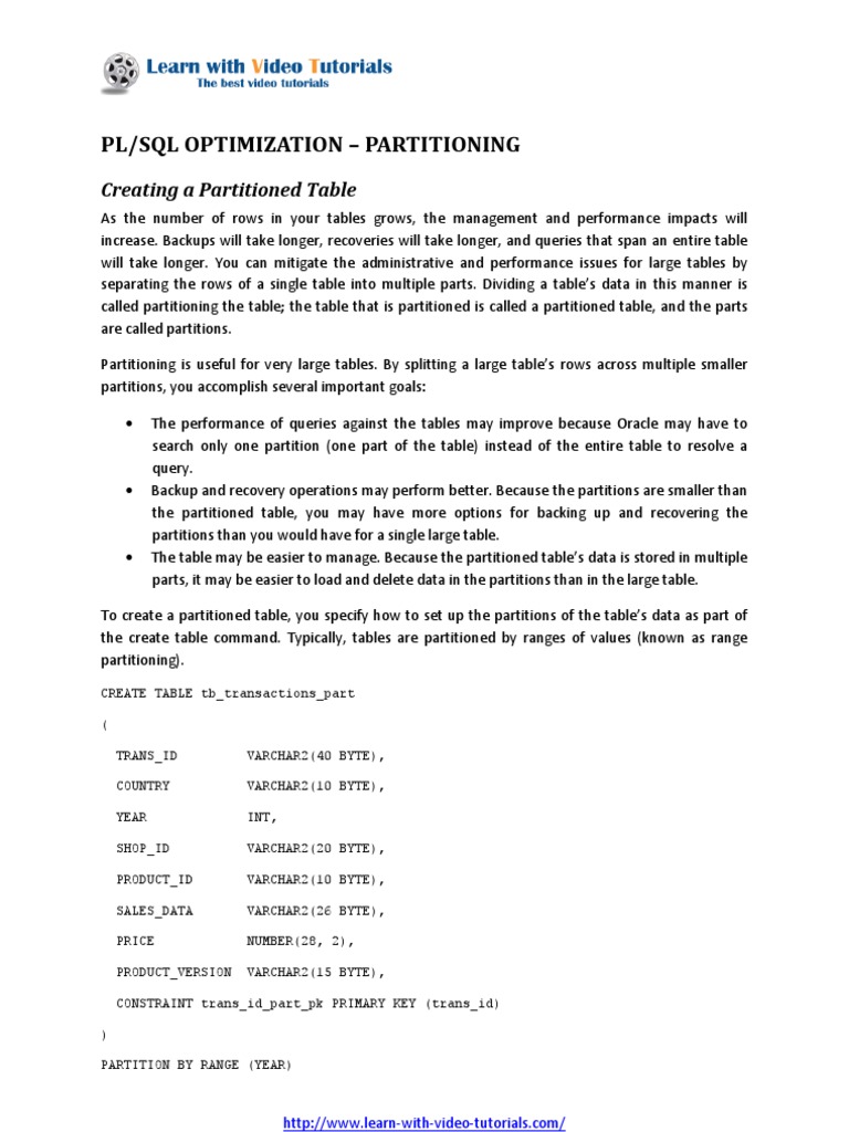 Oracle Optimization Tutorial - Partitioning | PDF | Database Index | Table (Database)