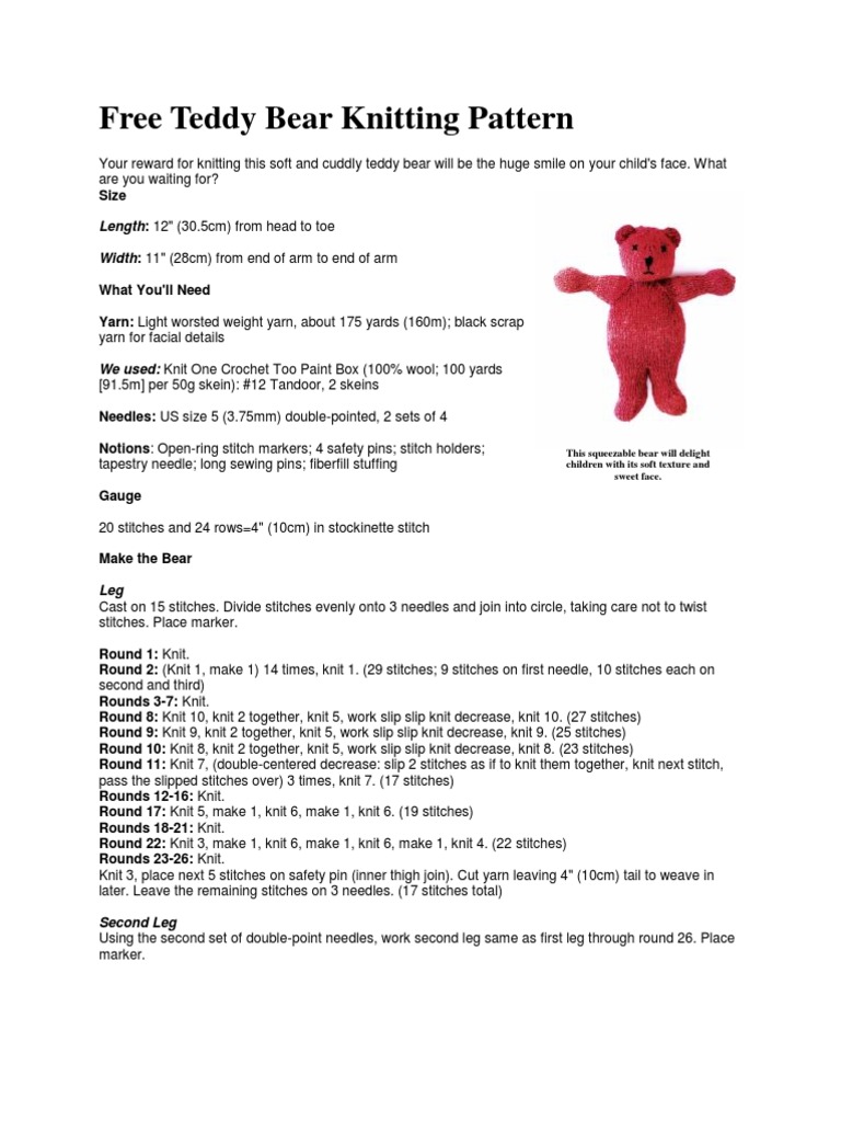 Free Knitted Teddy Bear Pattern | PDF | Knitting | Textile Arts