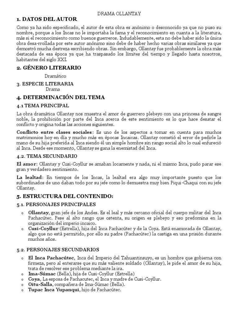 Obra Ollantay(Completo) | Imperio Inca | Ficción y literatura | Prueba ...