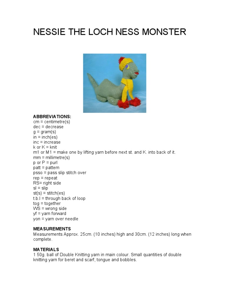 Nessie Knitting Pattern Guide | PDF | Knitting | Textiles
