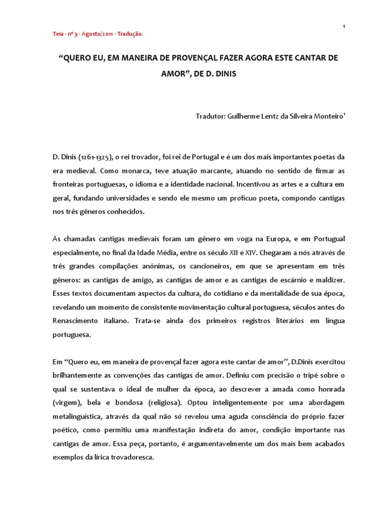Cantiga de Amor de D. Dinis: Análise | PDF | Amor | Deus
