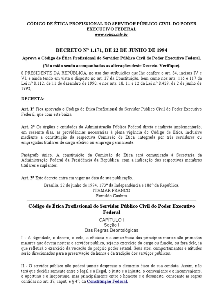 Decreto No 1 171 De 22 De Junho De 1994 E Suas Alterações Etica No